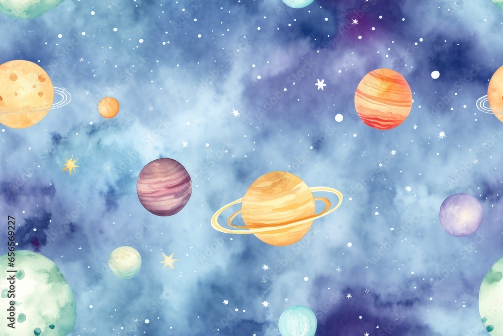 Seamless pattern of watercolor outer cosmos space with different planet ...