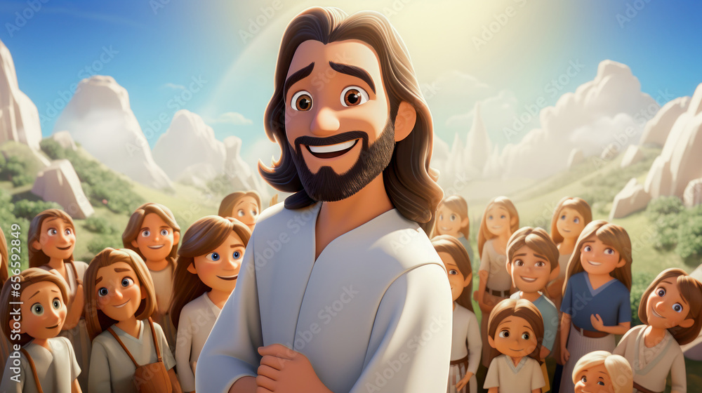 Childrens illustration cartoon of Jesus Christ with many children ...