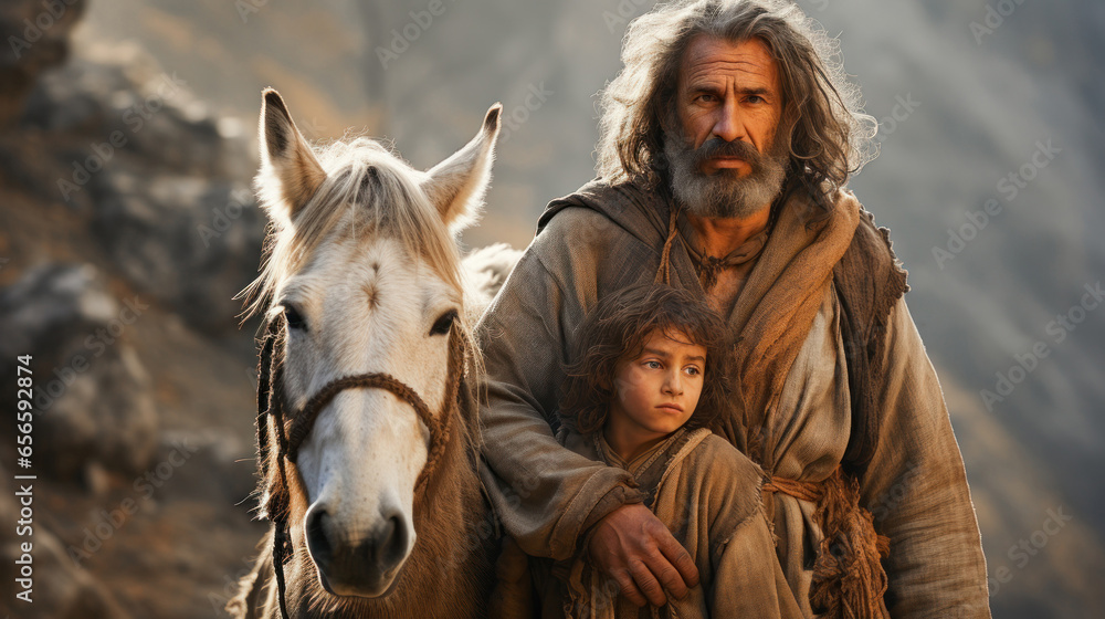Patriarch Abraham and his son Isaac on the way to the place of ...