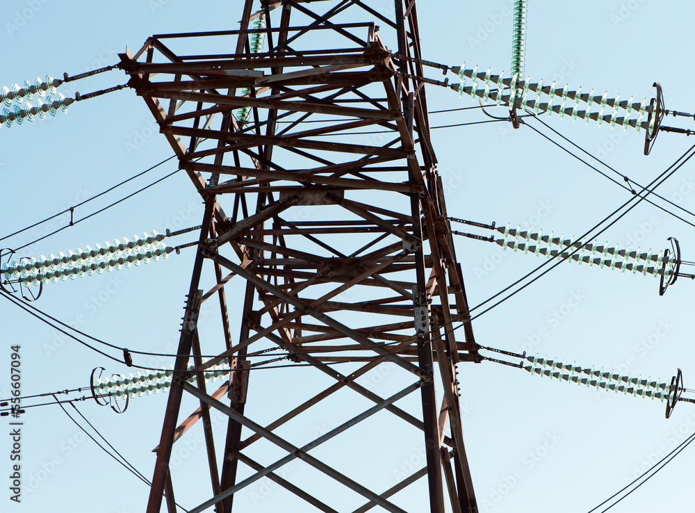 power line construction of cable supports and insulators. High voltage ...