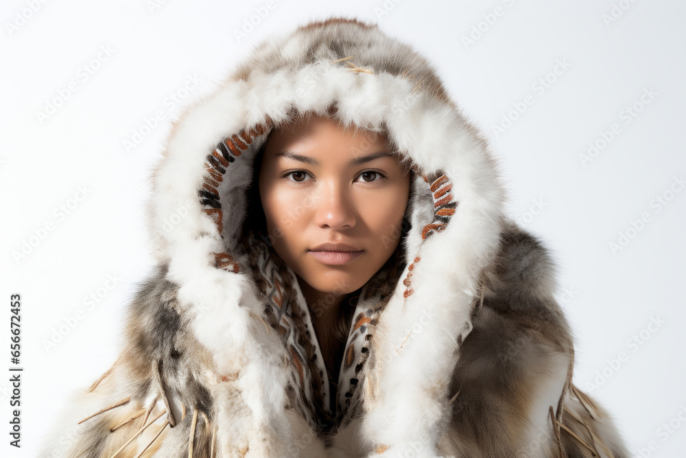 Arctic eskimo indigenous woman portrait in traditional fur parka on ...