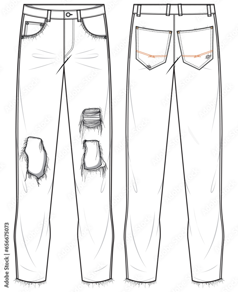 Men's denim ripped jeans trouser pants front and back view flat sketch ...