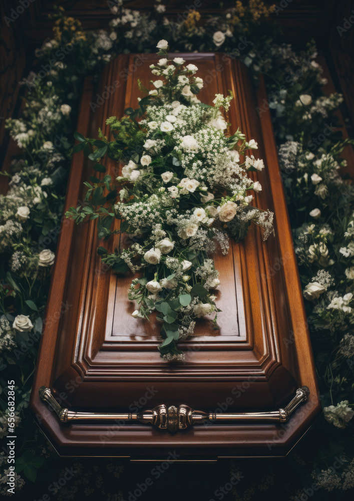 Generative AI, wooden coffin decorated with flowers, top view ...