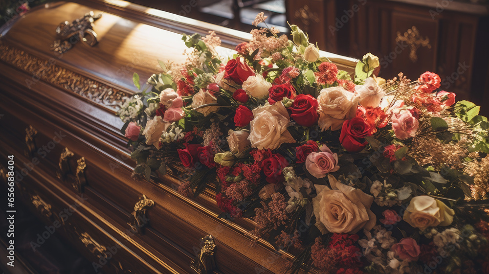 Generative AI, wooden coffin decorated with flowers, top view ...