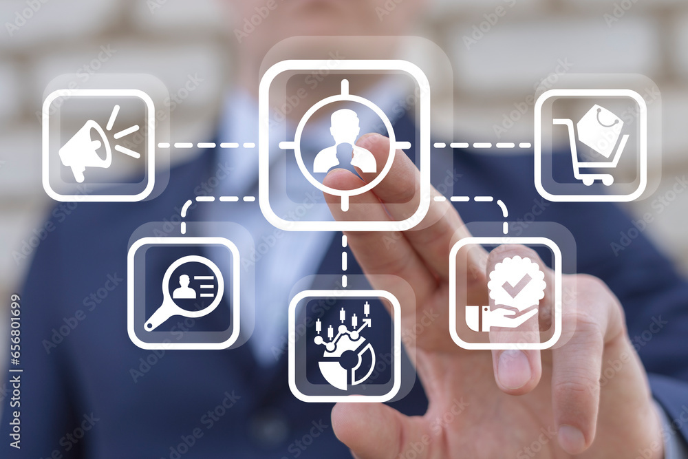 Man using virtual touch screen presses icon: target customer. Target ...