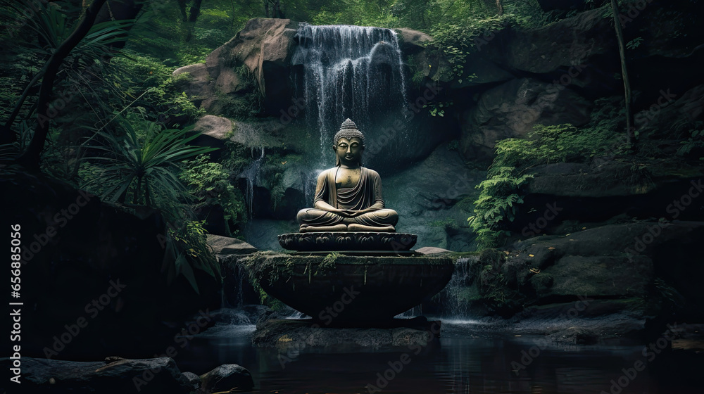 Meditating buddha on a rock at the waterfall in nature. Generative Ai ...