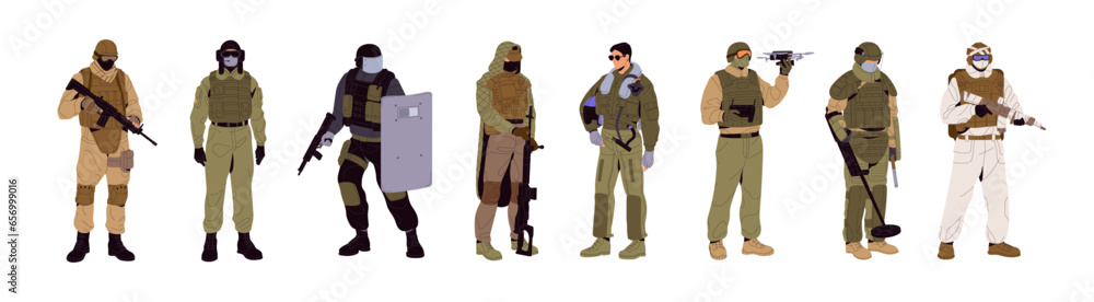 Different types of soldiers set. People, men in military uniform with ...