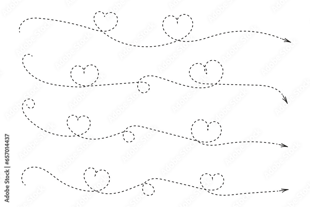 Hand drawn Thin continuous line lovely hearts style curved Dotted arrow ...