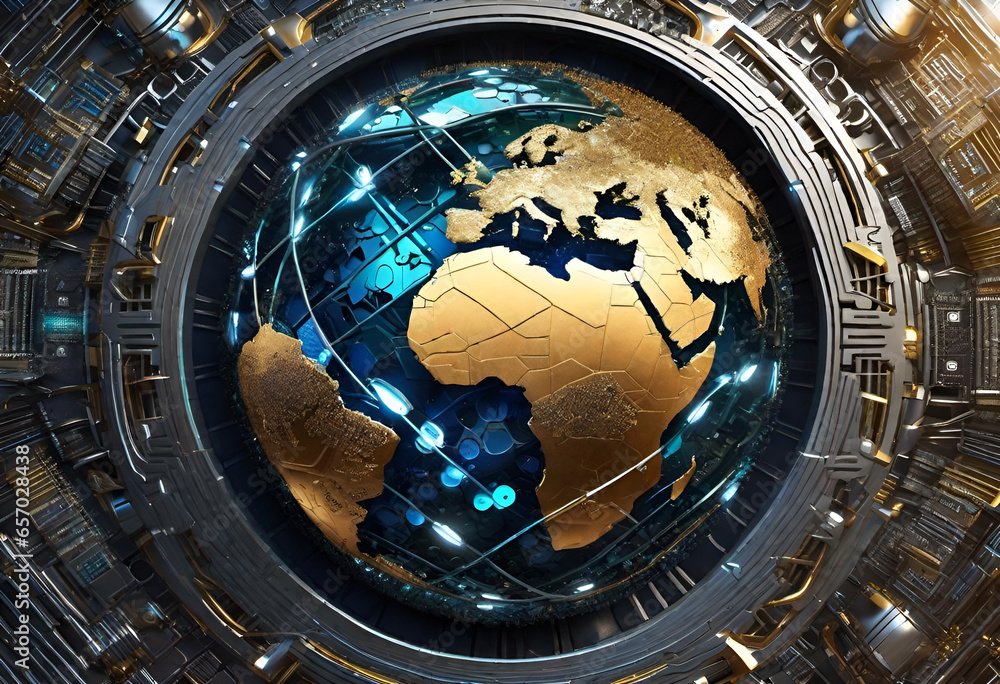 Dyson sphere around planet earth model metallic globe showing continent ...