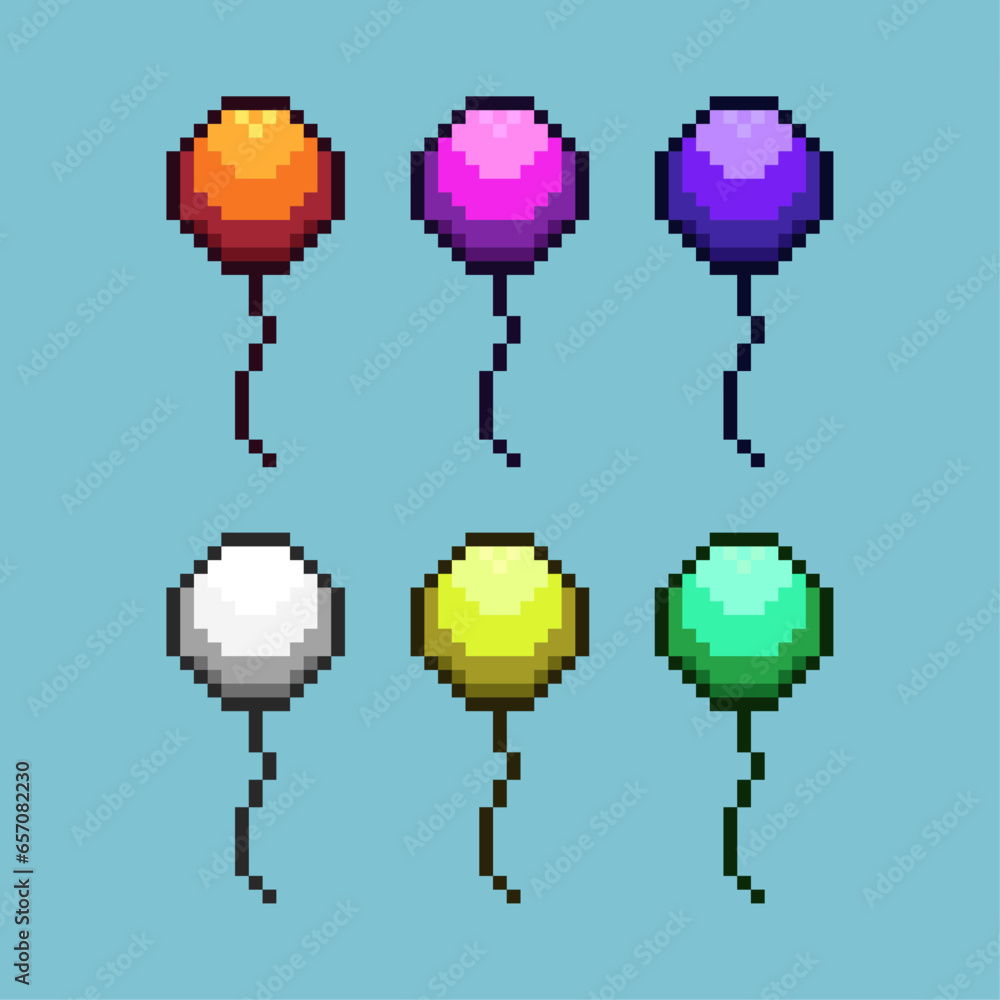 Pixel art sets of balloon with variation color item asset. Simple bits of balloon on pixelated ...