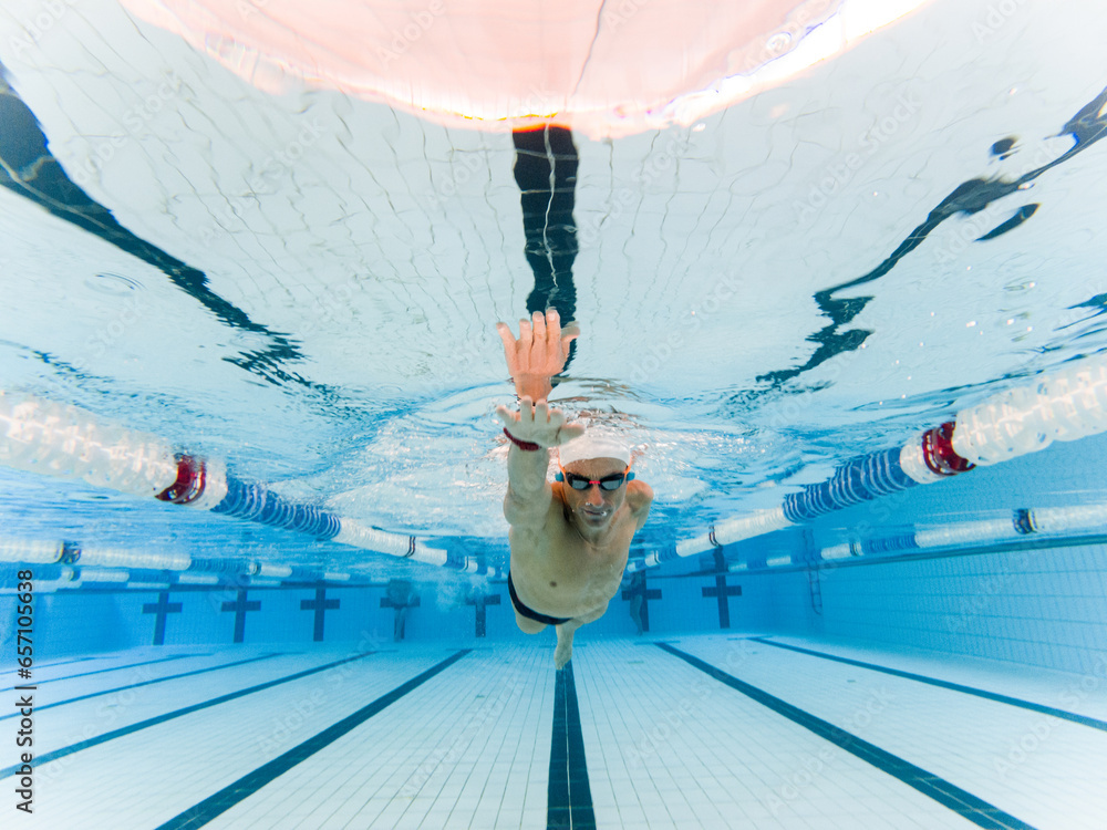 Underwater frontal photo of an adult male with an amputated arm ...