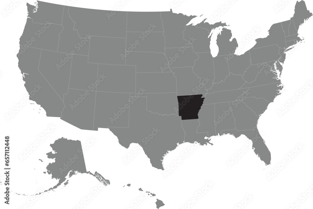 Black CMYK federal map of ARKANSAS inside detailed gray blank political ...