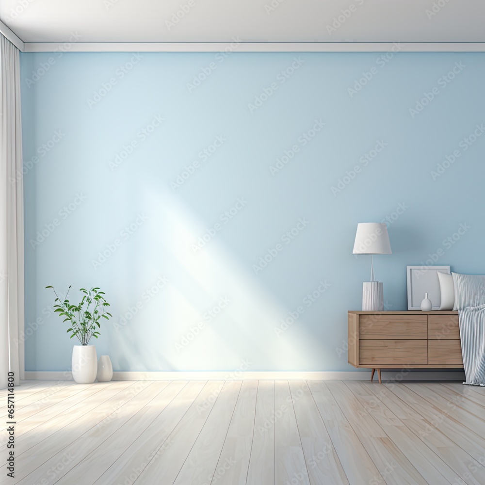 Empty room, blue walls and wooden floor Contains a little furniture ...