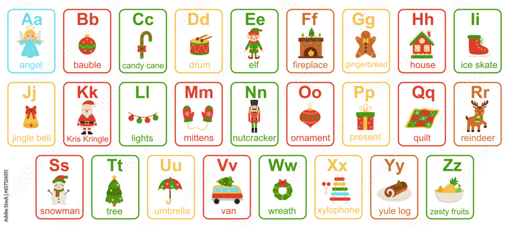 Christmas alphabet flash cards for preschool learning. Cartoon abc ...
