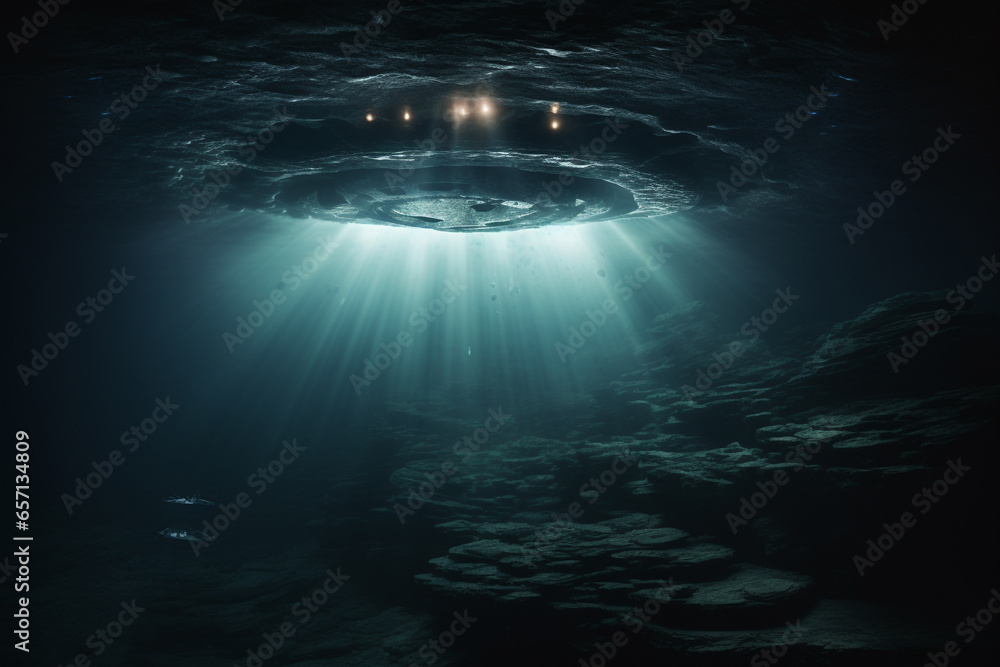 Sci-fi and fantasy concept. UFO and extraterrestrial ship swimming in ...