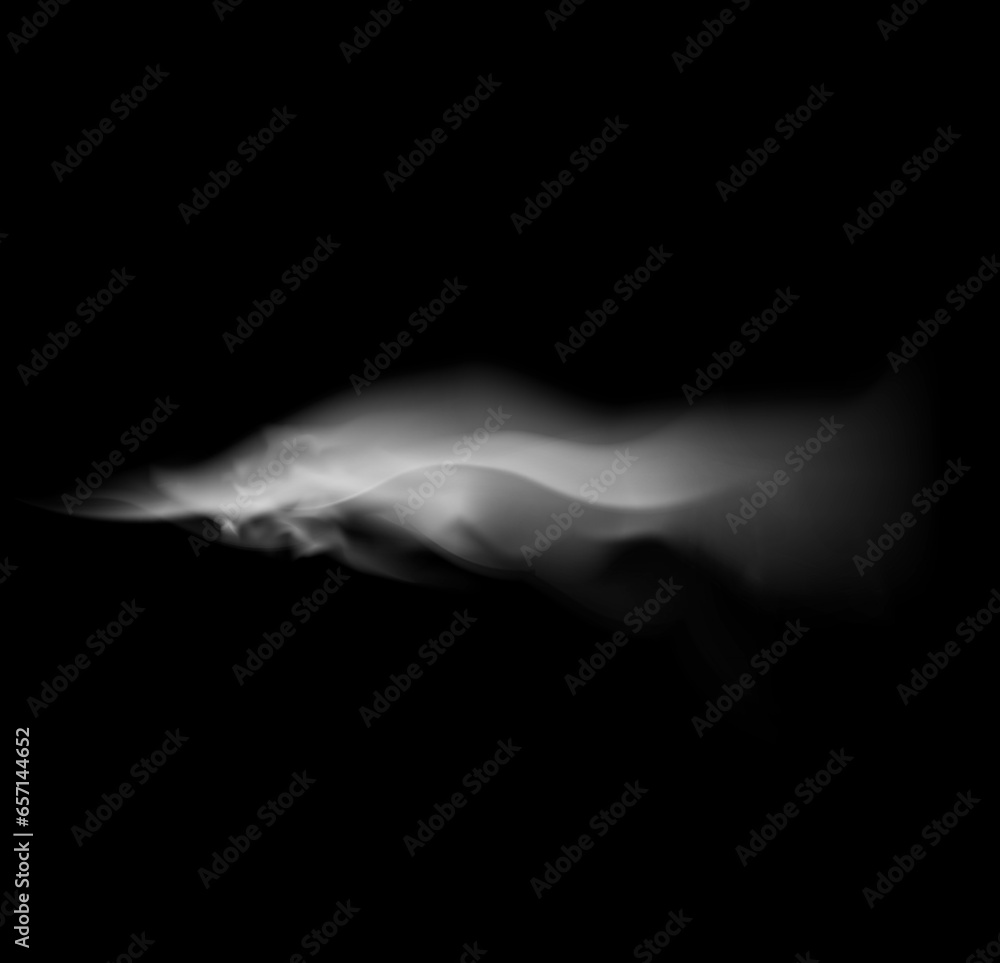 Abstract white puffs of smoke swirl overlay on black background ...