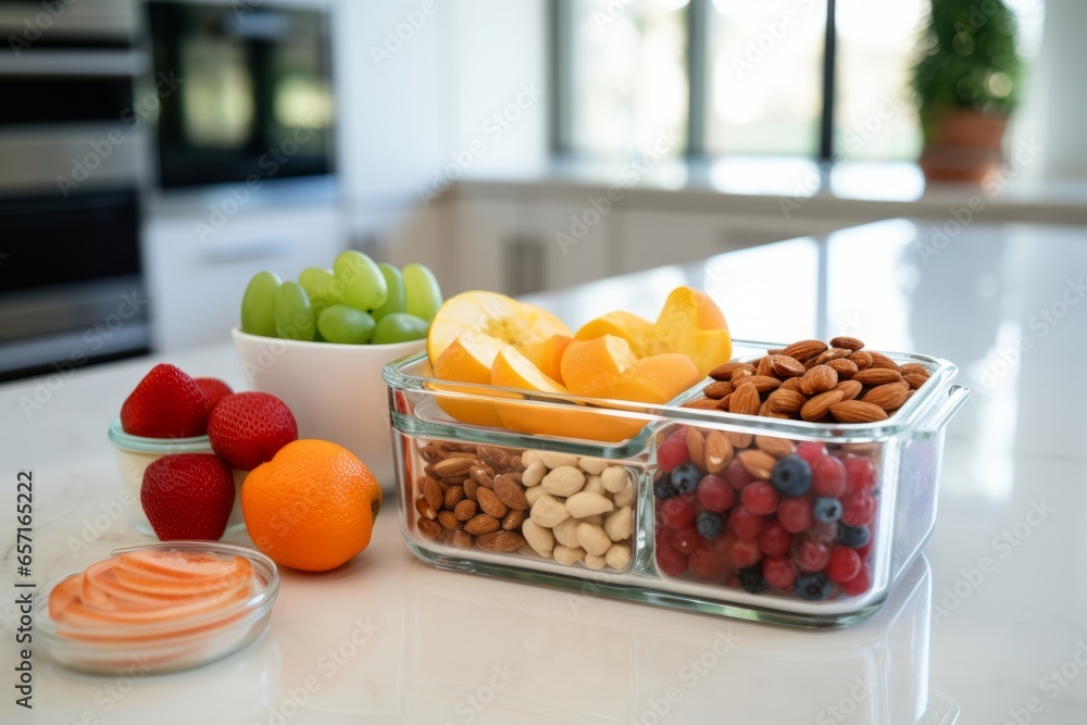 Clean modern kitchen countertop with container with healthy snacks like ...