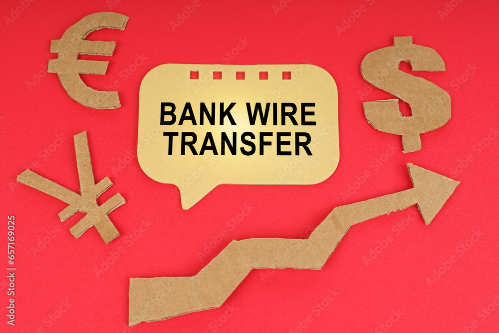 On the red surface there are money symbols, an arrow and a sign with ...