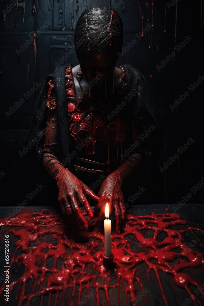 supernatural black magic ritual sacrifice of blood. a single lit candle ...