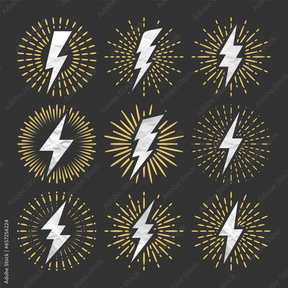 Vintage lightning bolt and sunrays. Lightnings with crumpled paper ...