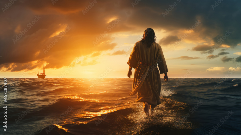 Jesus Christ walking towards a boat on stormy sea at sunset. Christian ...
