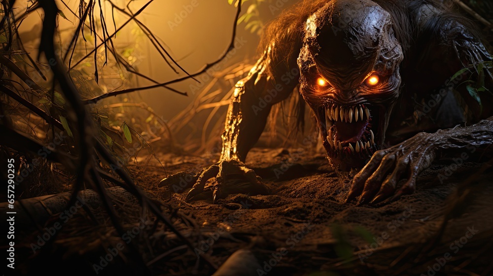 The monster is hiding in the grass. Fictional creatur. A terrifying ...