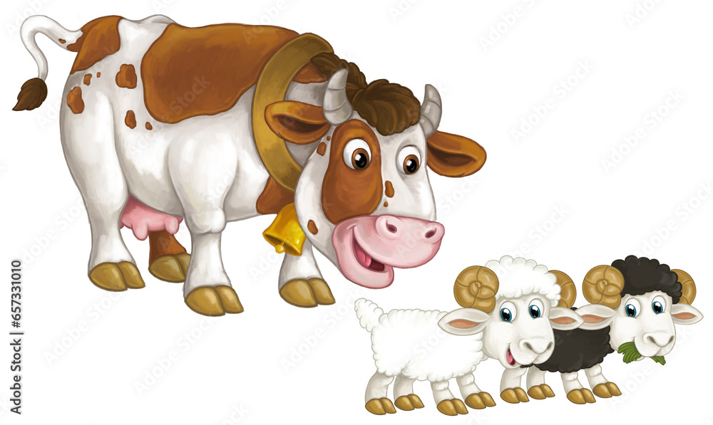 cartoon scene with happy farm animal cow looking and smiling and two ...