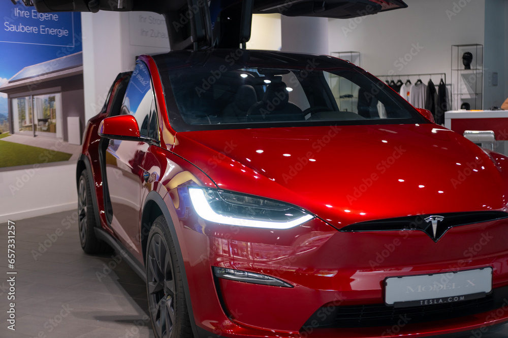 Ultra Red electric vehicle Tesla model X in Studio, SUV Powertrain in ...