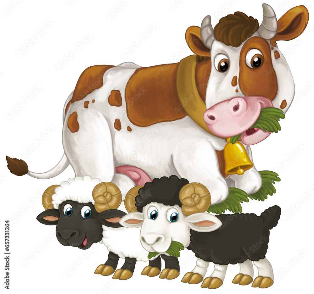 cartoon scene with happy farm animal cow looking and smiling and two ...