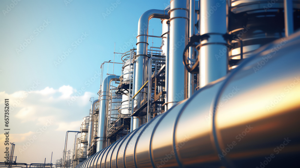 Steel pipes of chemical production on the background of sky. Chemical ...