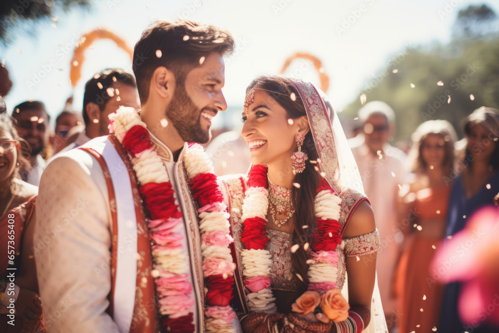 Indian bride and groom at amazing hindu wedding ceremony. Details of traditional indian wedding ...