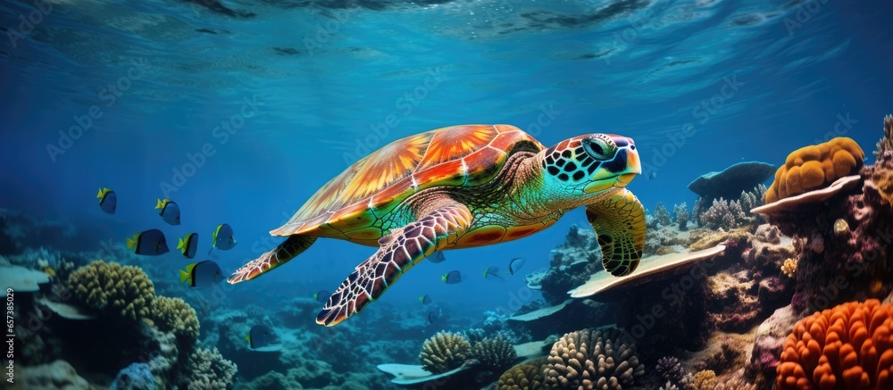 Colorful marine life including swimming sea turtles healthy coral reefs ...