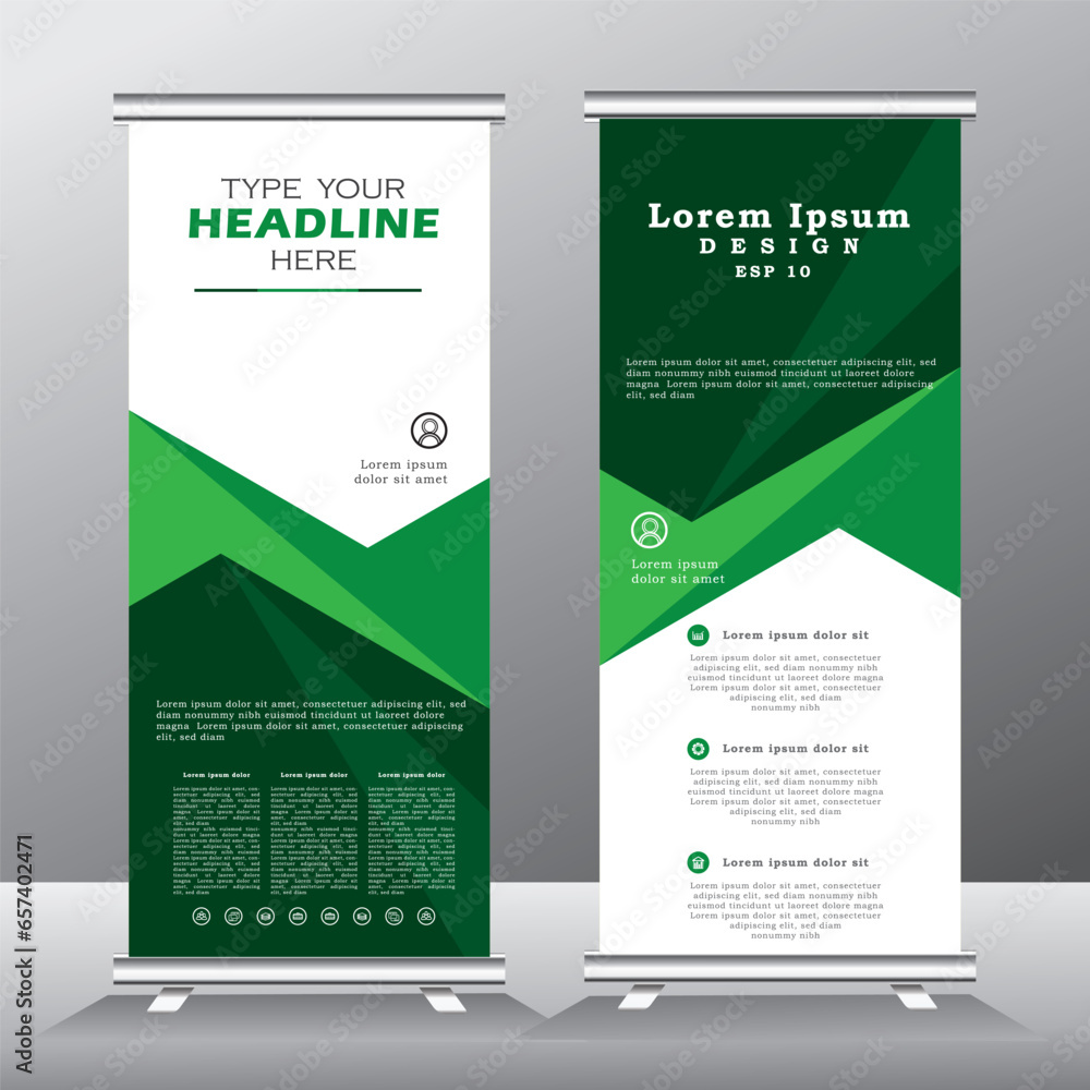 Roll up banner design with green color geometric shape, two separate ...