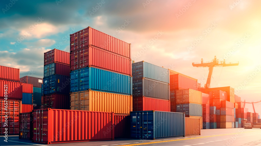 A cinematic scene of cargo containers stacking on a ship in a port ...