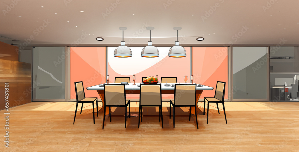 interior of a restaurant, clipart cartoon modern dining room empty ...