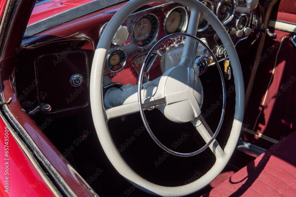 Snohomish, WA, USA - 25 September 2022. Interior of red 1936 Cord 810 ...