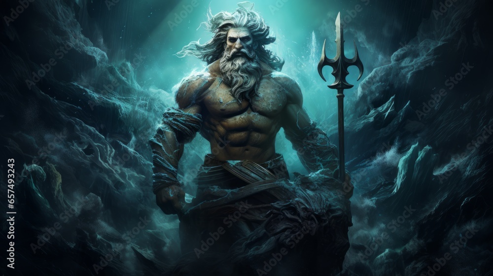 Painting of Poseidon a brutal male god with a trident, the Greek god ...