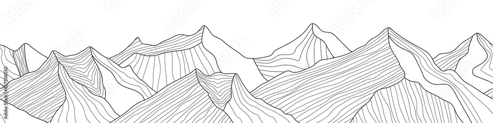 Black and white mountain line arts wallpaper, seamless border ...