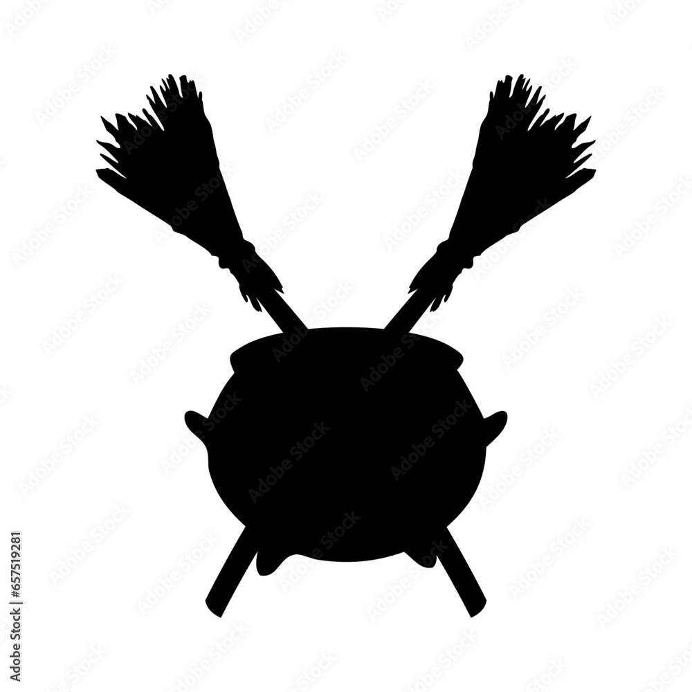Logo con silueta de caldero de bruja sobre 2 escobas cruzadas para su ...
