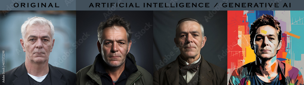 Generative AI examples collage. Photo image before and after artificial ...
