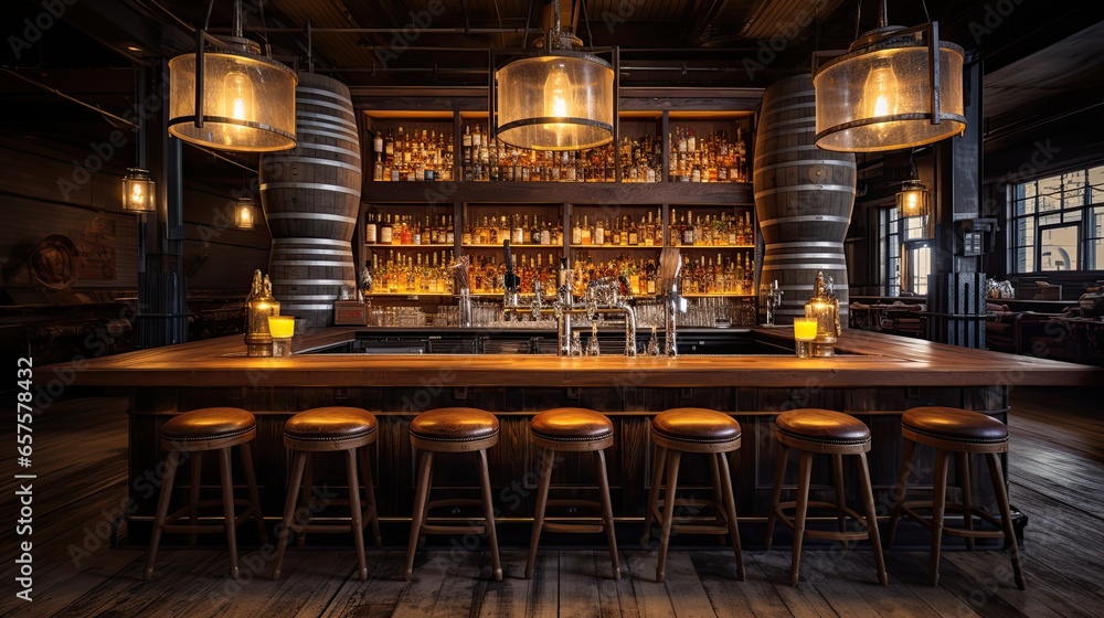 Rustic bar area with a wooden counter, barrel seats, and vintage signs ...