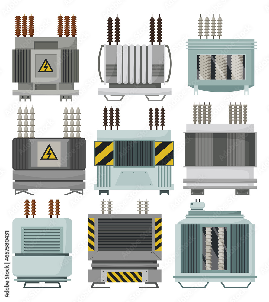 High voltage electrical transformers and isolators. Energy substations ...
