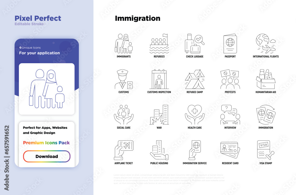 Immigration thin line icons set: immigrants, illegals, baggage ...