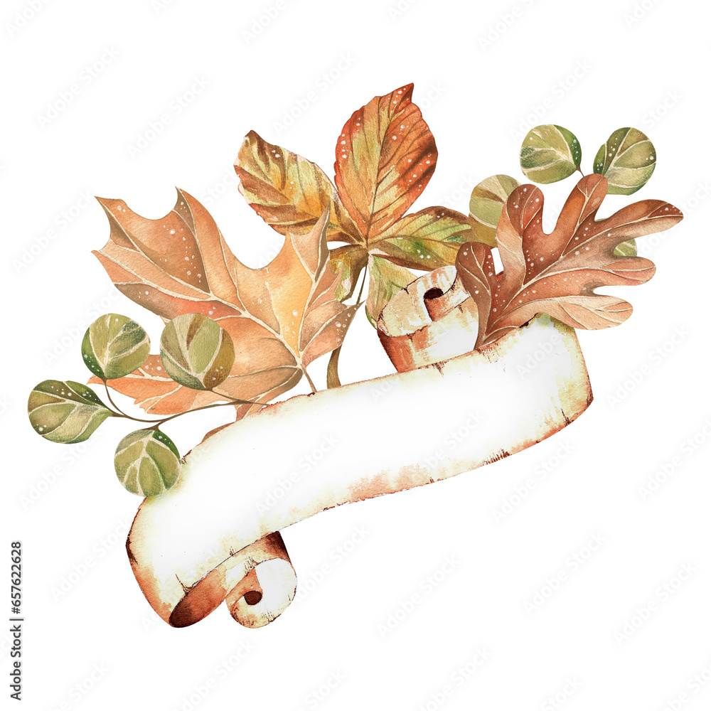 Colorful leaf composition made of autumn leaves, plants, flower. and scroll frame. Watercolor ...