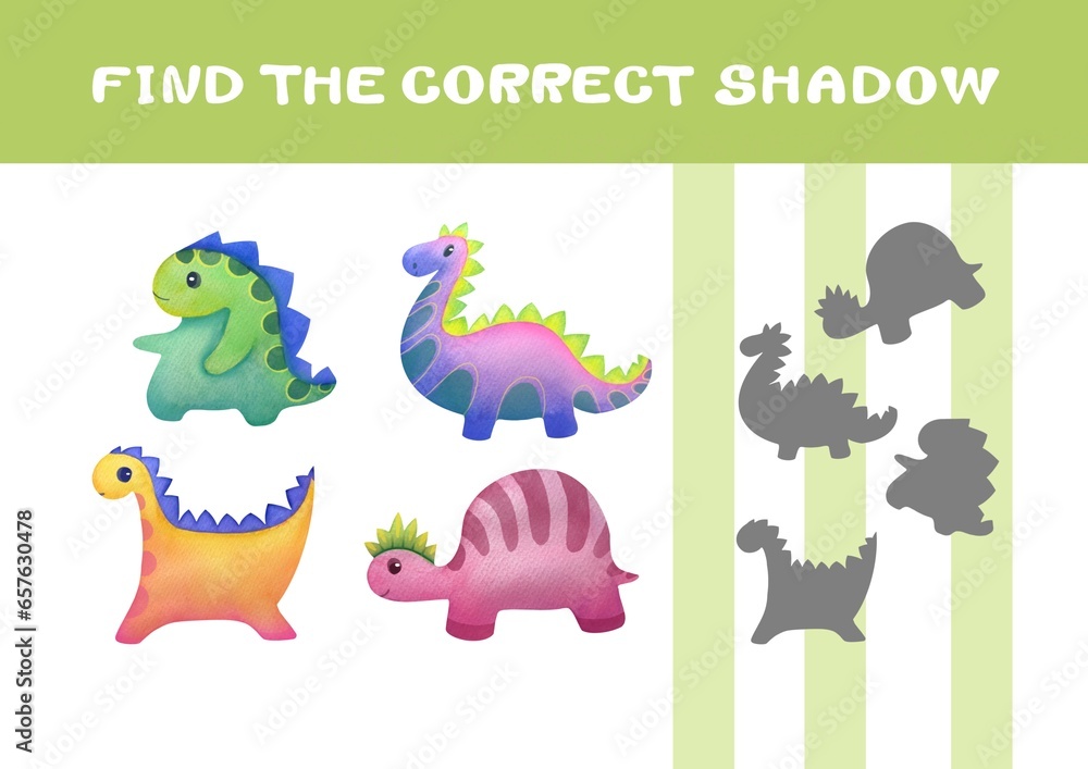 Find correct shadow of cute watercolor illustration of dinosaurs. easy ...