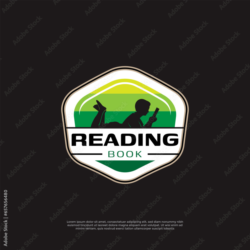 Happy children reading book badge logo vector design inspiration Stock ...