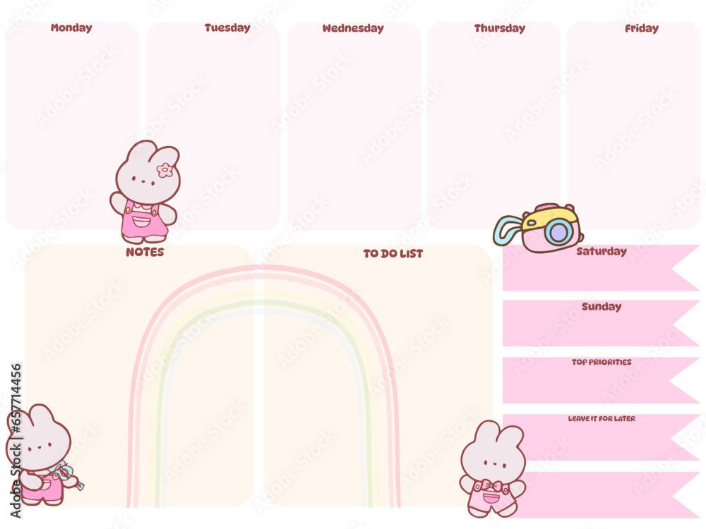 Cute girls school timetable with bunny , kawaii cartoon character ...