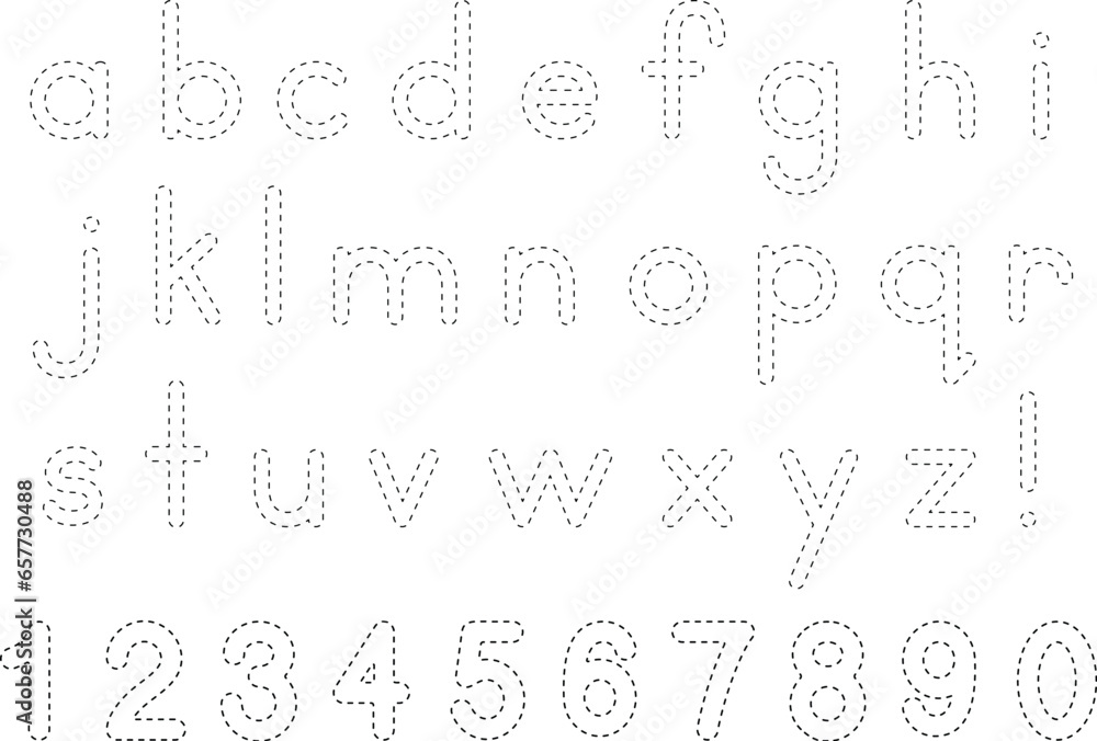 Lowercase Dashed Line Alphabet Letters and Numbers Clipart - Outline ...