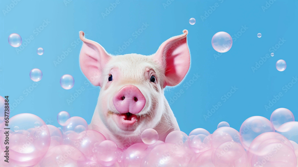 Bubble Pig! A cute little curious bubble pig taking a bath to keep ...