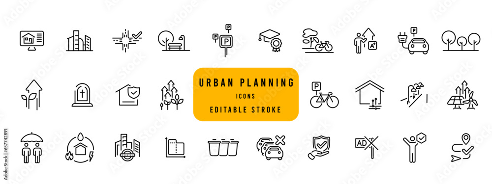 City development line icons. Urban planning, smart city infrastructure ...